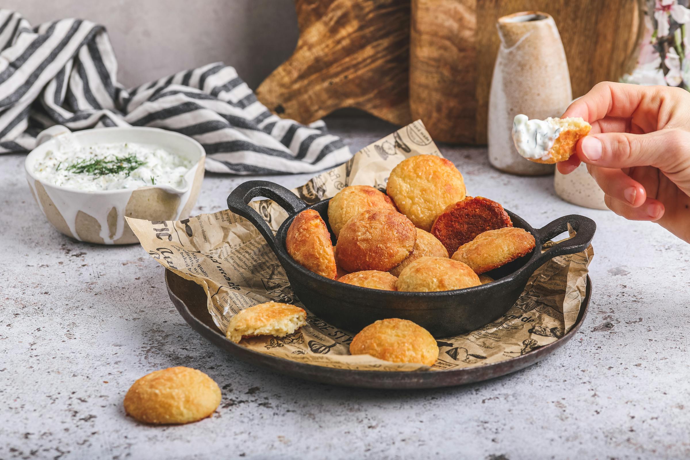 Air fryer cheesy dough bites with tzatziki — Low carb recipe — Diet Doctor
